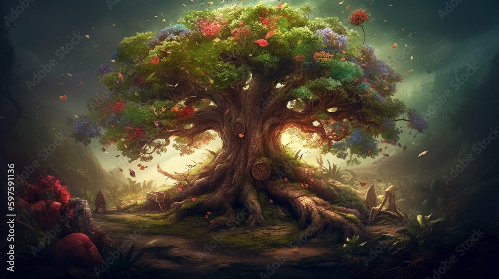 Generate a description of a beautiful magical tree in 300 words. Leave ...