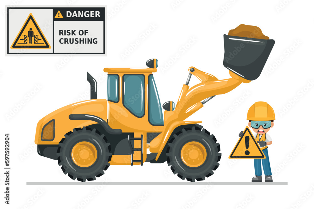 Crush hazard hazard from front loader bucket. Safety sign and pictogram ...
