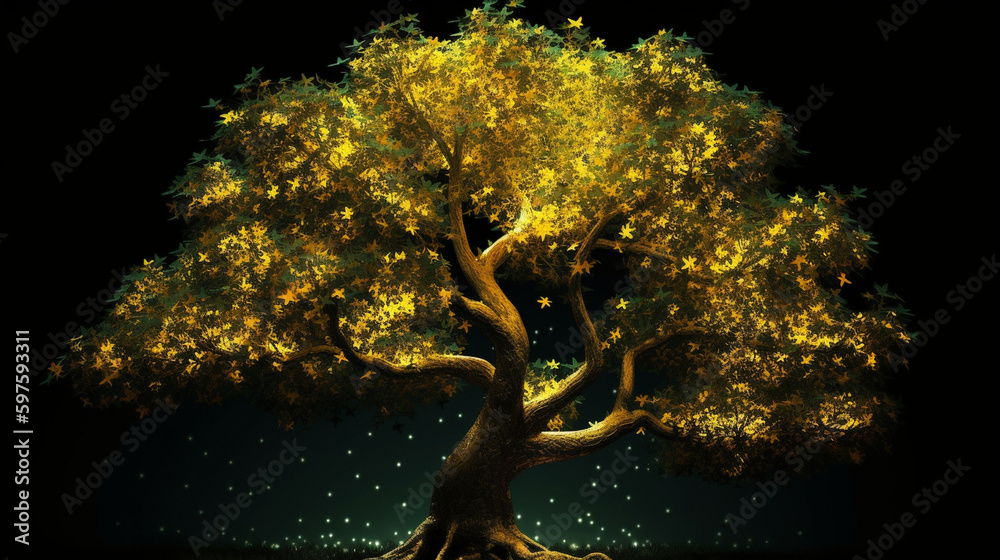 he magical tree, illuminated by the light of fluorescent lights like ...