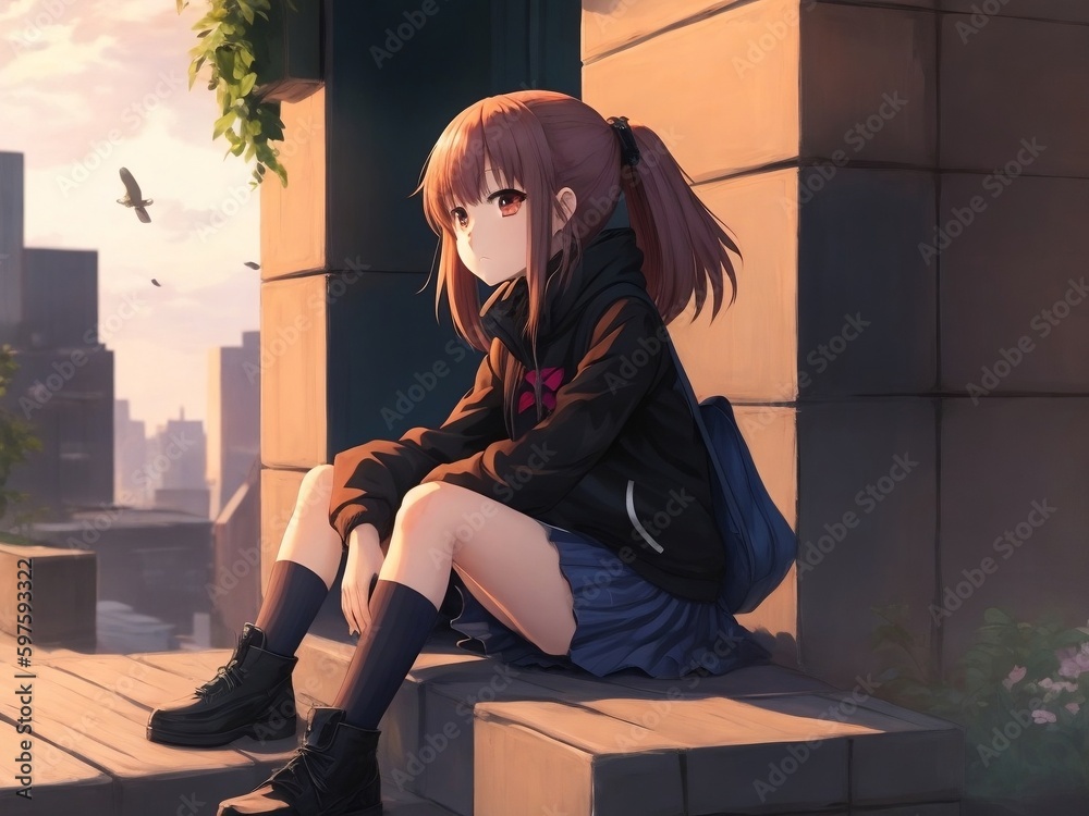 Upset anime girl sitting alone digital art. Generative AI ilustração do ...