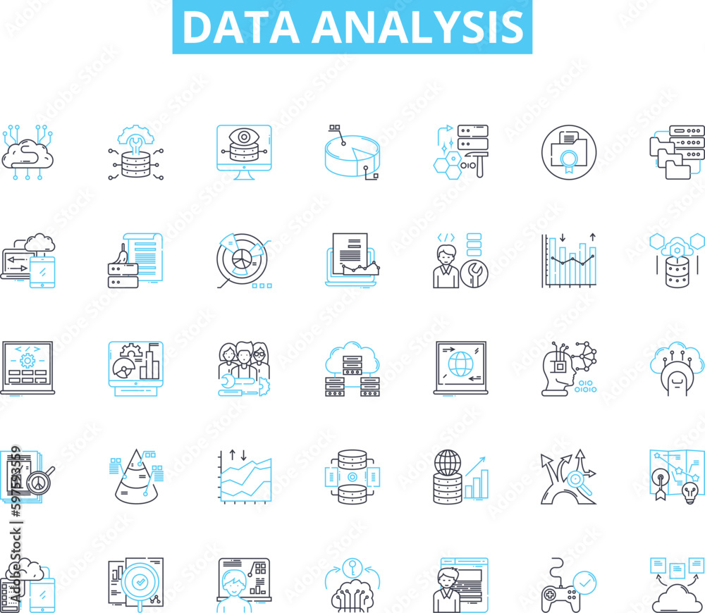 Data analysis linear icons set. Analytics, Big data, Insights, Metrics, Visualization ...