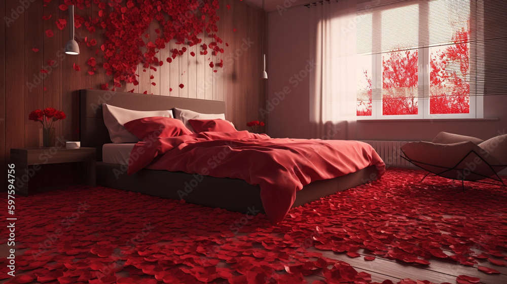 Generate a description of a beautiful modern bedroom in red color ...
