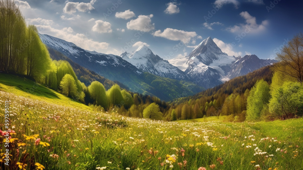 Generate a description of a mountain in the Alps in spring with ...