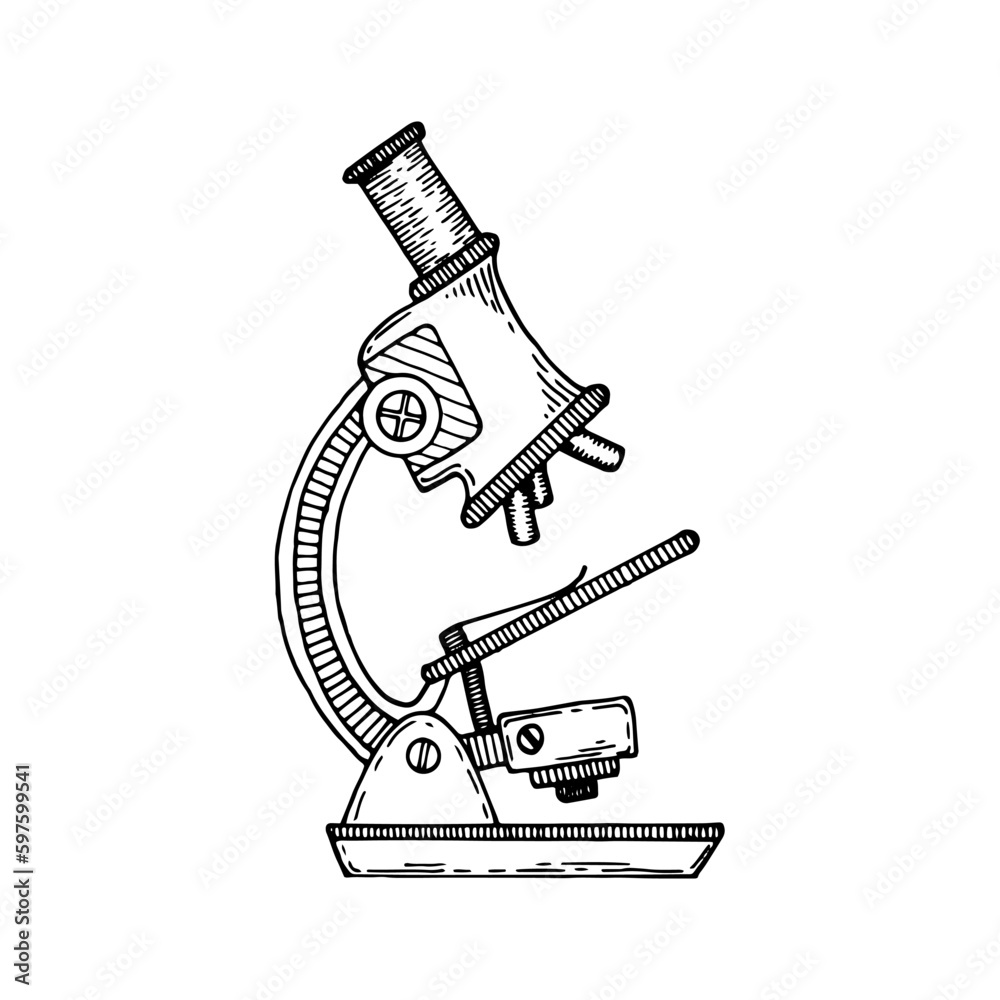 Microscope sketch. Laboratory magnifying research tool line art. Hand drawn doodle vector ...