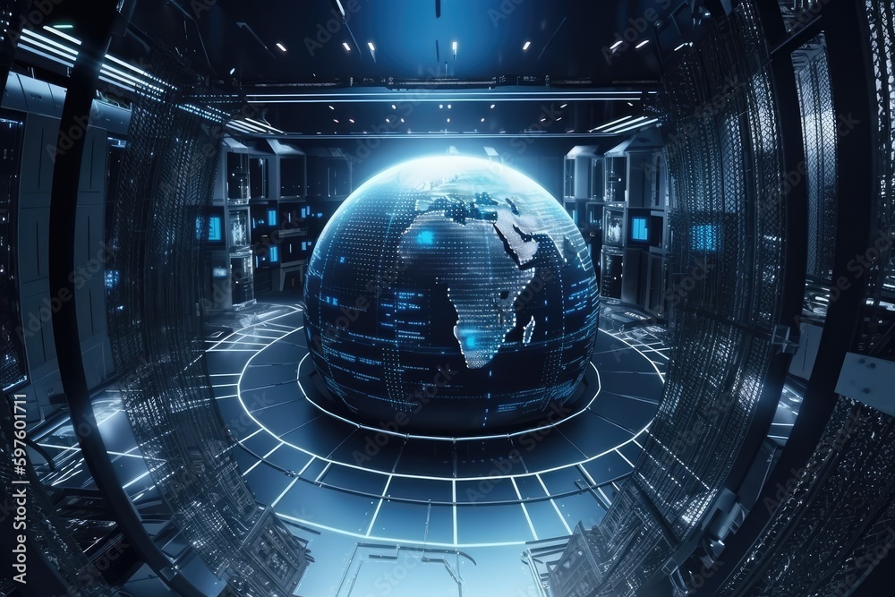 Abstract technology background with planet earth on the center of a ...