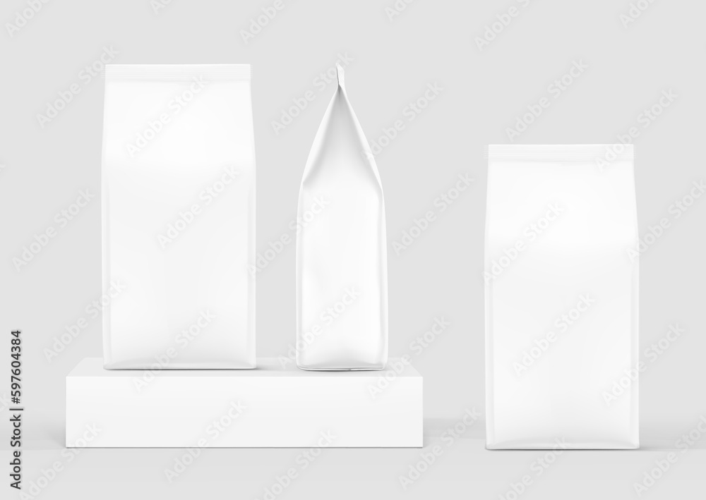 Hyper realistic packaging bag mockup. Front, side and back views ...