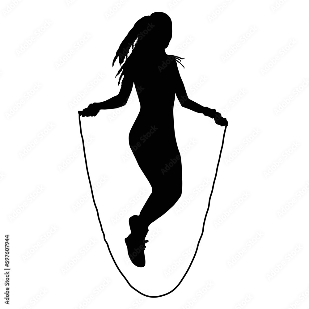 girl jumping rope black silhouette on white background vector Stock ...