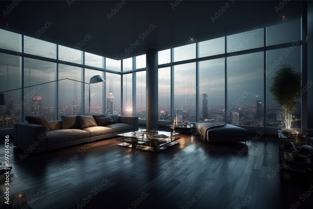 Living room with a view: Illustrate a luxurious living room in a ...