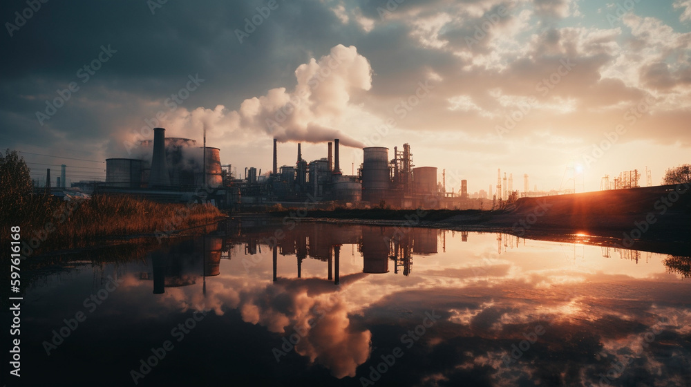 industrial landscape with smokestacks and factories emitting carbon ...