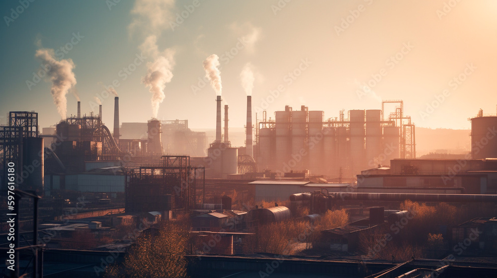 industrial landscape with smokestacks and factories emitting carbon ...