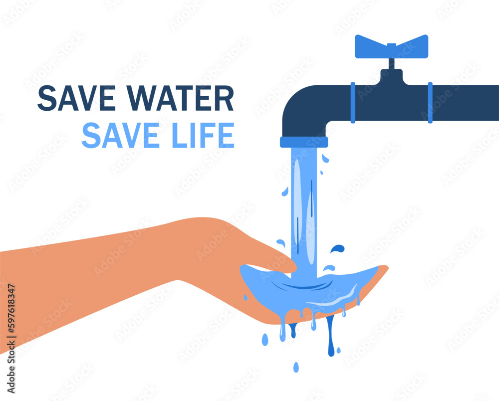 Save water and life. Hand stops flow of liquid from faucet. Eco ...