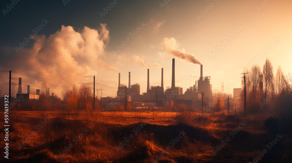 industrial landscape with smokestacks and factories emitting carbon ...