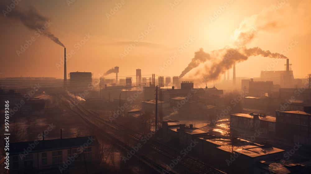 industrial landscape with smokestacks and factories emitting carbon ...