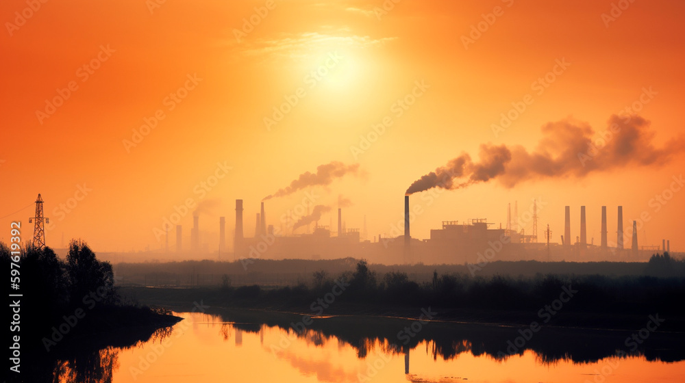 industrial landscape with smokestacks and factories emitting carbon ...