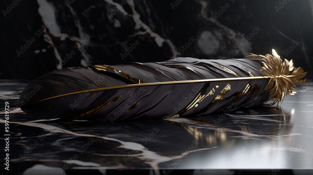 Ultra realistic black marble feather with gold textures and dynamic ...
