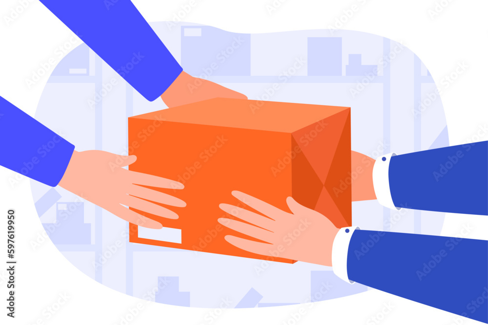 Courier giving box. Character gives package to another. Metaphor of ...