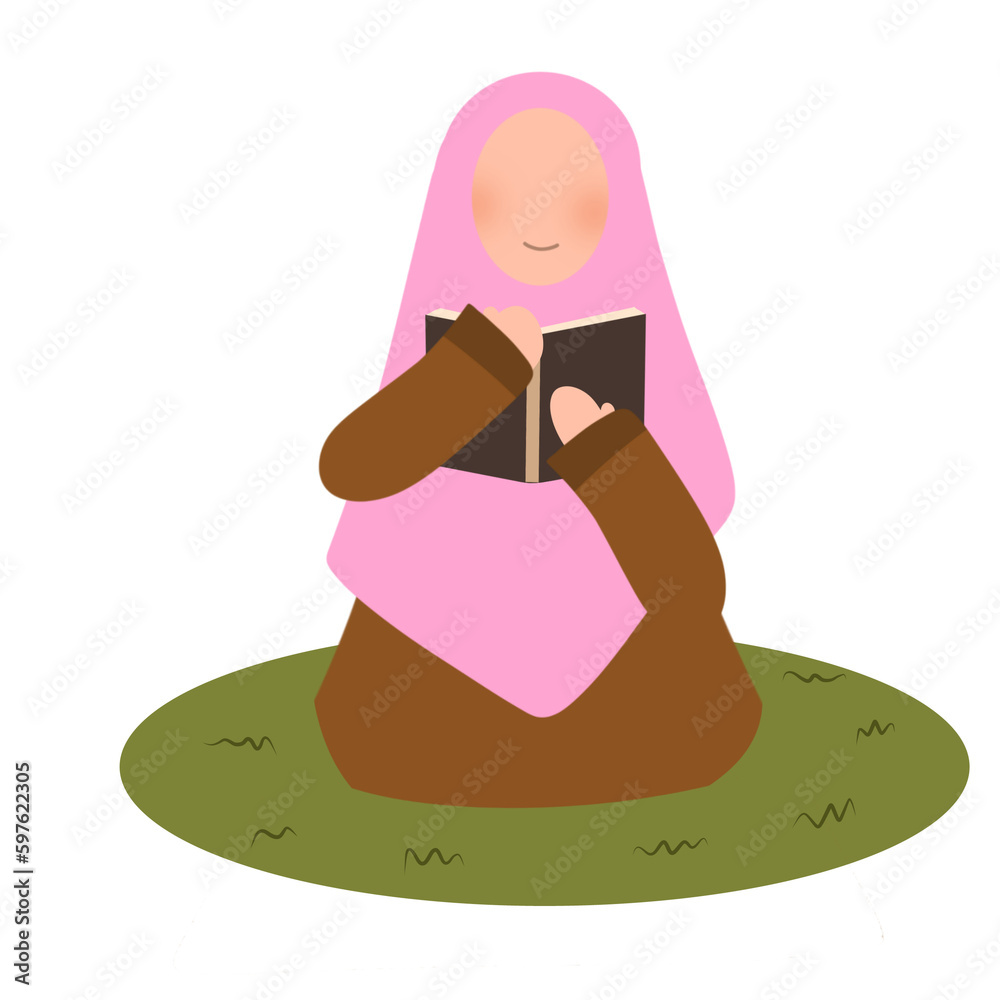 Cartoon Teacher Muslim Teacher Hijab Woman Woman Character Reading Book