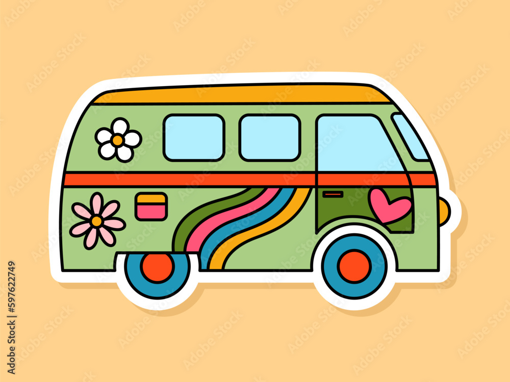Vector Retro Hippie Van sticker isolated on yellow background. 70s ...