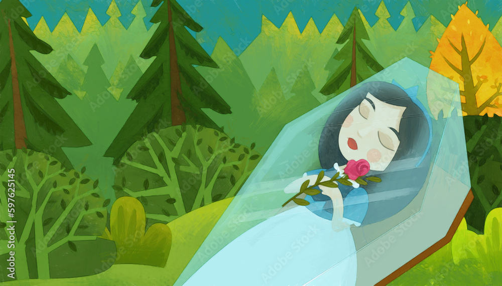 cartoon princess sleeping in the forest illustration artistic painting ...