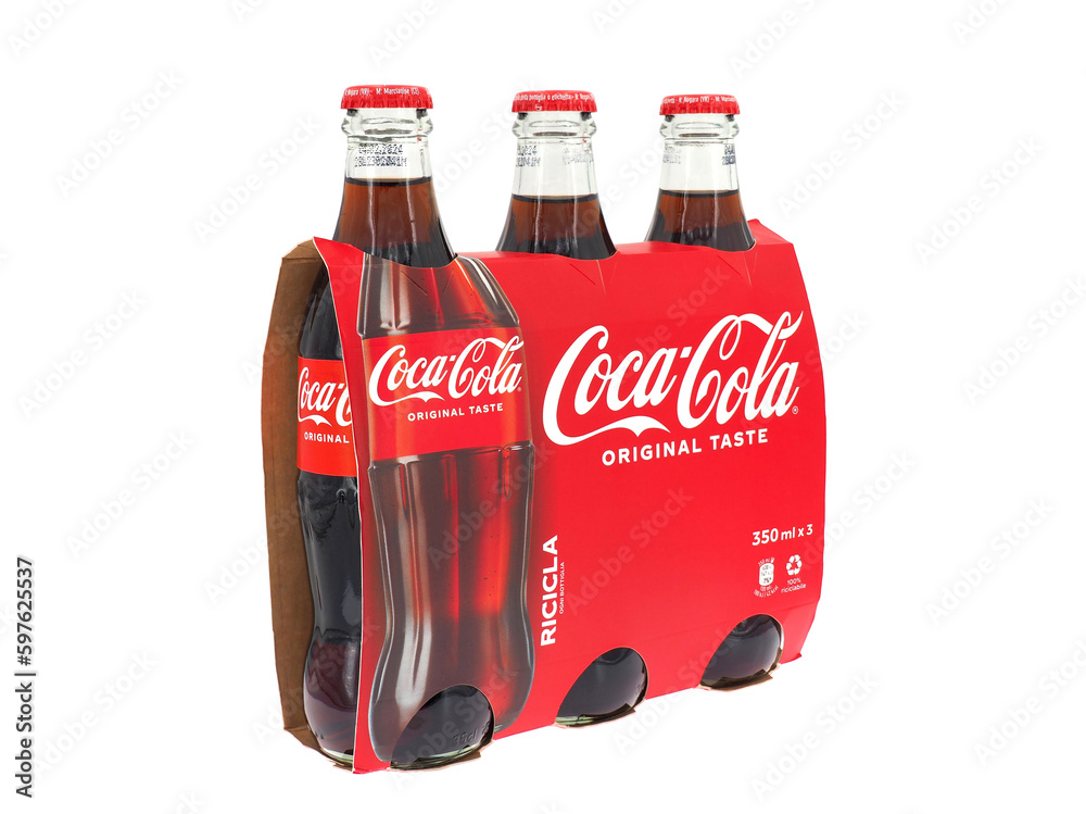 ROME, ITALY - APRIL 29, 2023. Coca-Cola glass bottle pack isolated on ...
