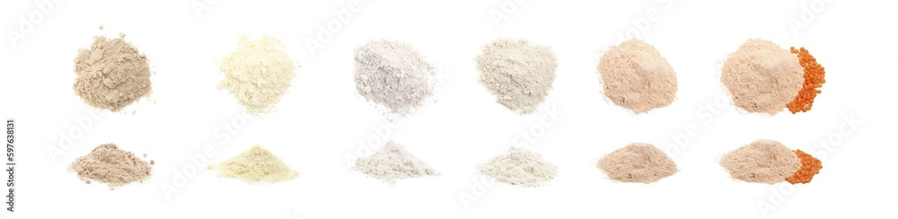 Different types of flour on white background, top and side views ...