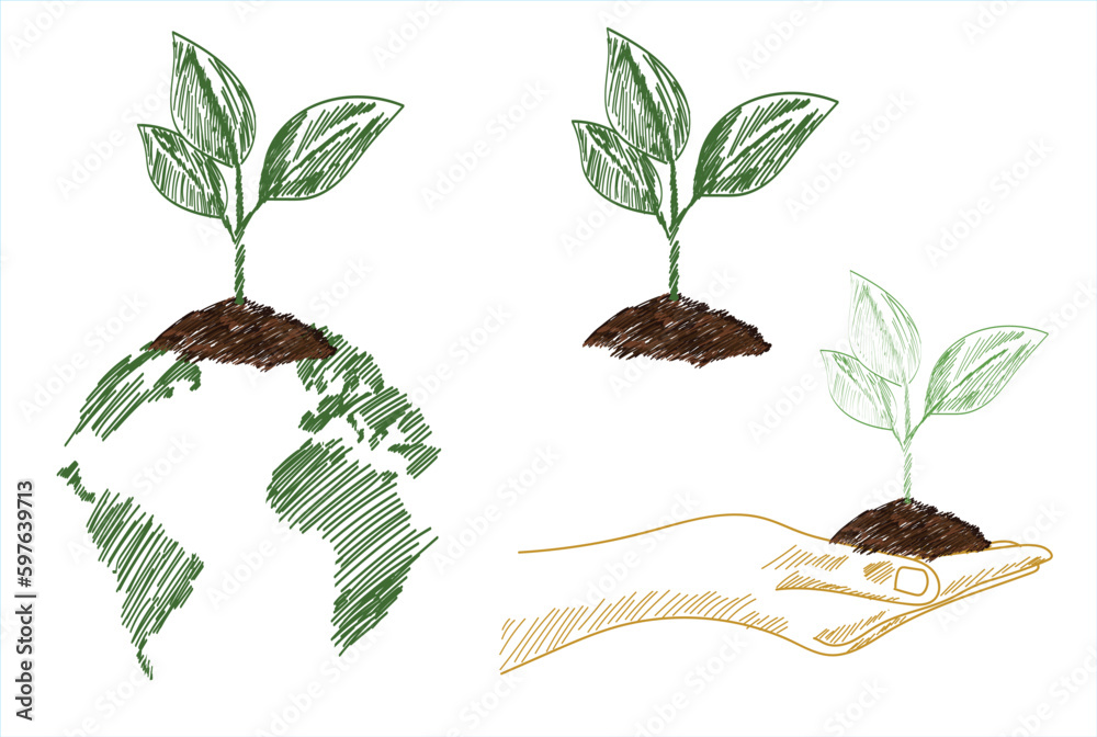 Soil and seedlings in the palm hand drawing vector illustration Stock ...