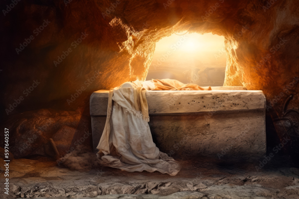 Tomb Empty With Shroud And Crucifixion At Sunrise. Resurrection Of ...