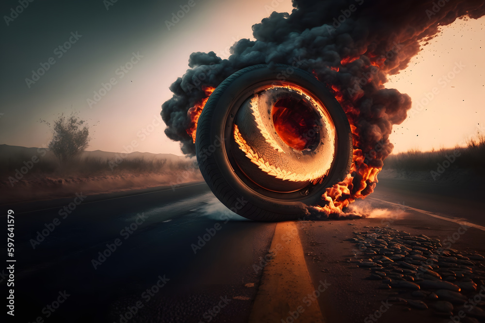 Wheel, tire burning on the track. Neural network AI generated art Stock ...