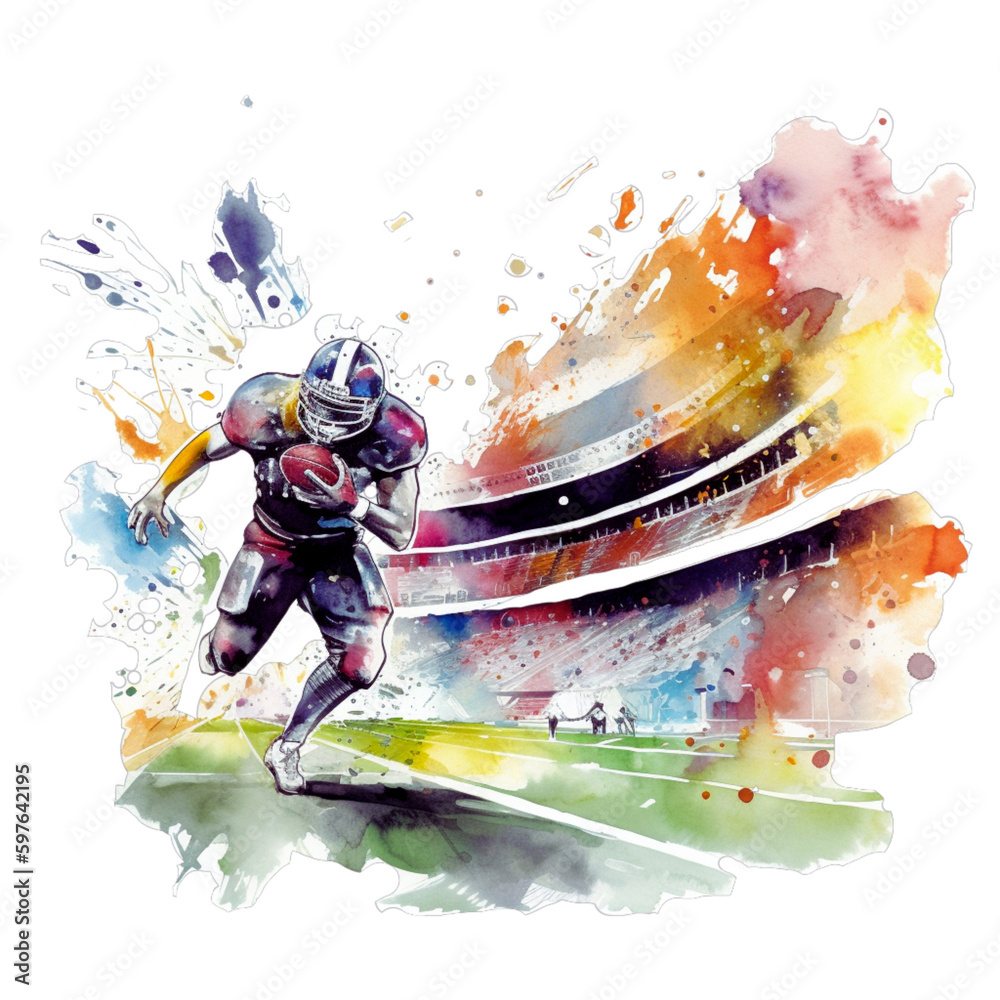 American Football Player, Stadium, Vibrant Watercolor, Clipart ...