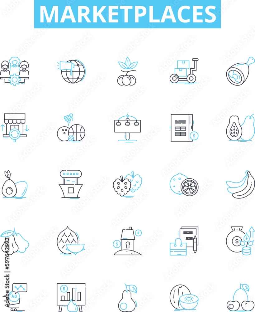 Marketplaces vector line icons set. Marketplaces, ecommerce, trading ...
