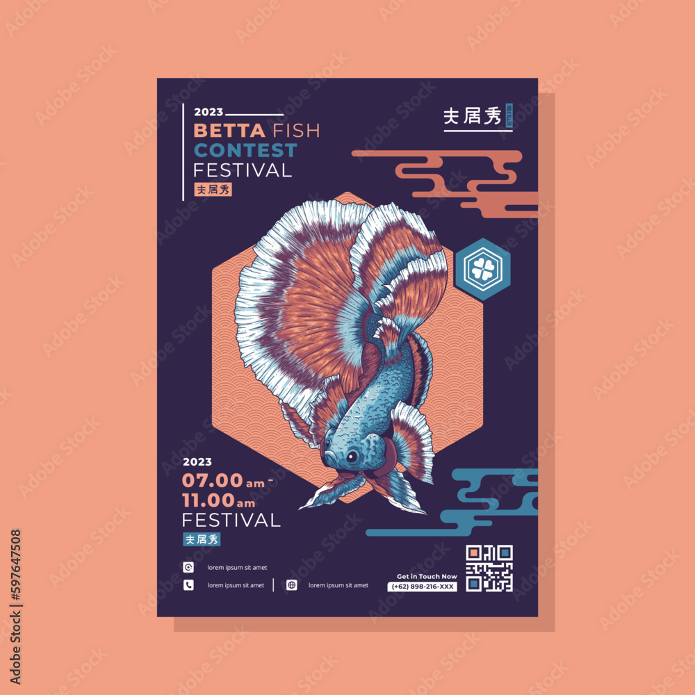 vintage betta fish poster template japanese kanji means fish Stock ...