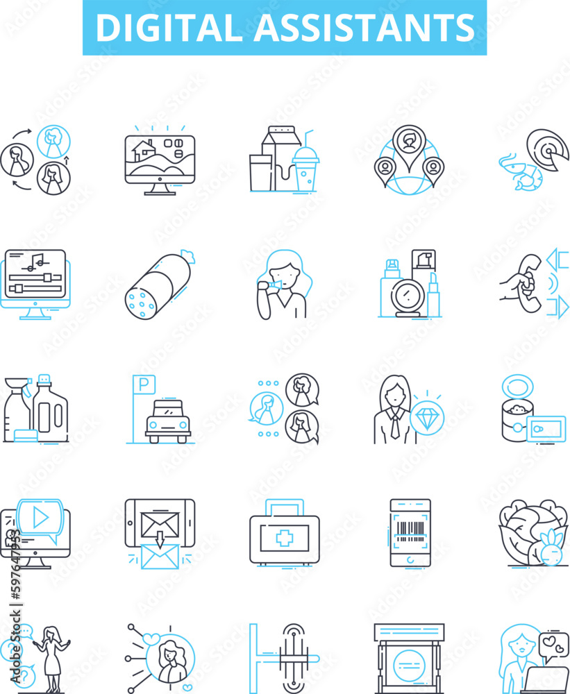 Digital assistants vector line icons set. AI, Chatbot, Cortana, Alexa ...