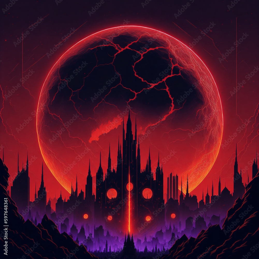 Burning Hell Dark Gotham City with red full moon created with ...