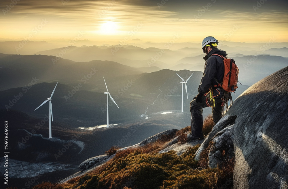 young wind turbine maintenance engineer, mountain top. breathtaking ...