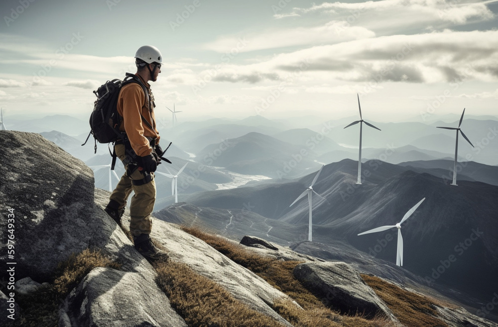 young wind turbine maintenance engineer, mountain top. breathtaking ...