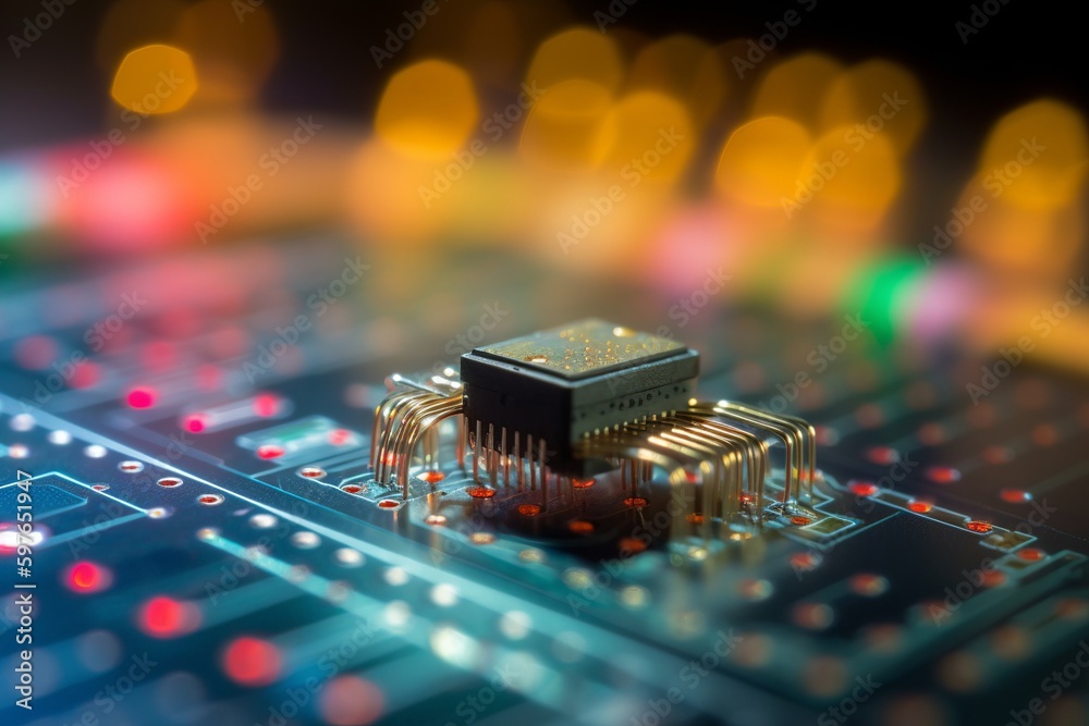 electronic circuit board close up, microcircuit in green motherboard ...