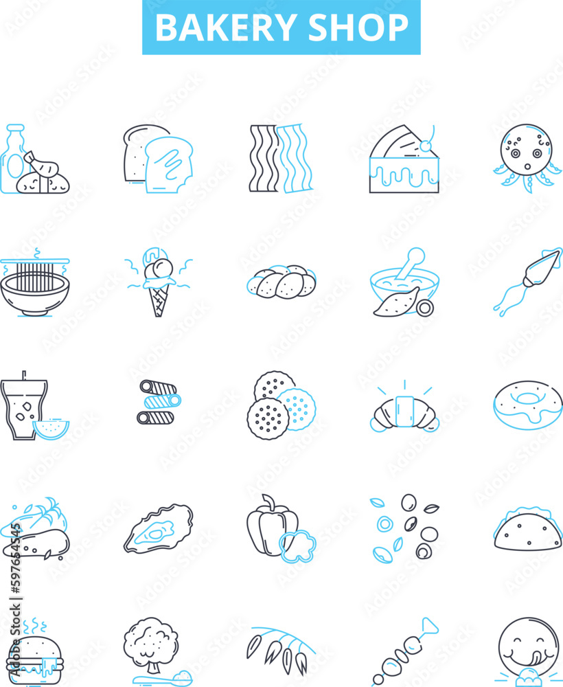 Bakery shop vector line icons set. Pastry, Cake, Bread, Cookies, Donuts ...
