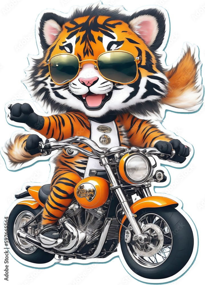 Sticker a Cute adorable tiger in sunglasses in a biker costume riding ...