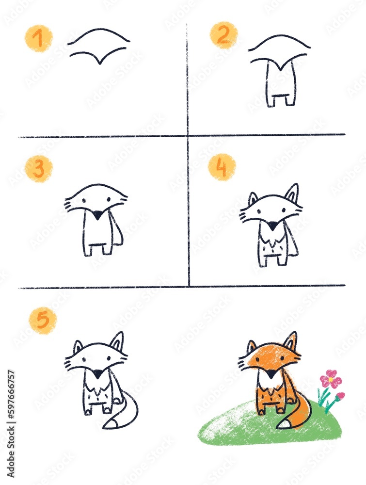 Step by step drawing of funny fox. Coloring by sample. Easy level for ...