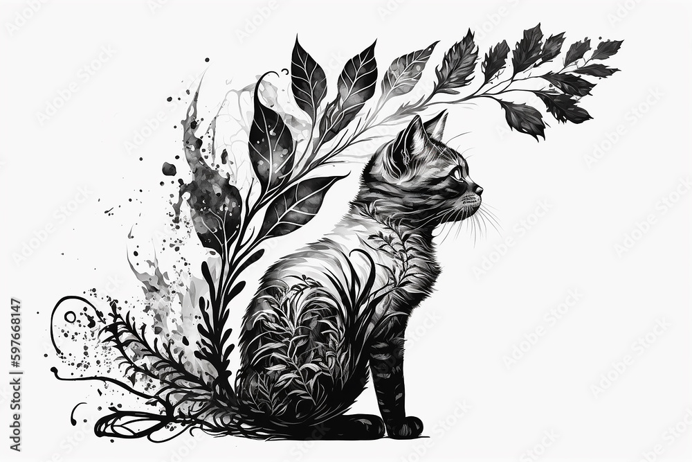 Artistic Cat With Innovative Plant Art on White Background with ...
