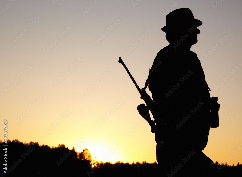 Hunting at sunset, man with rifle and mockup in nature to hunt game for ...