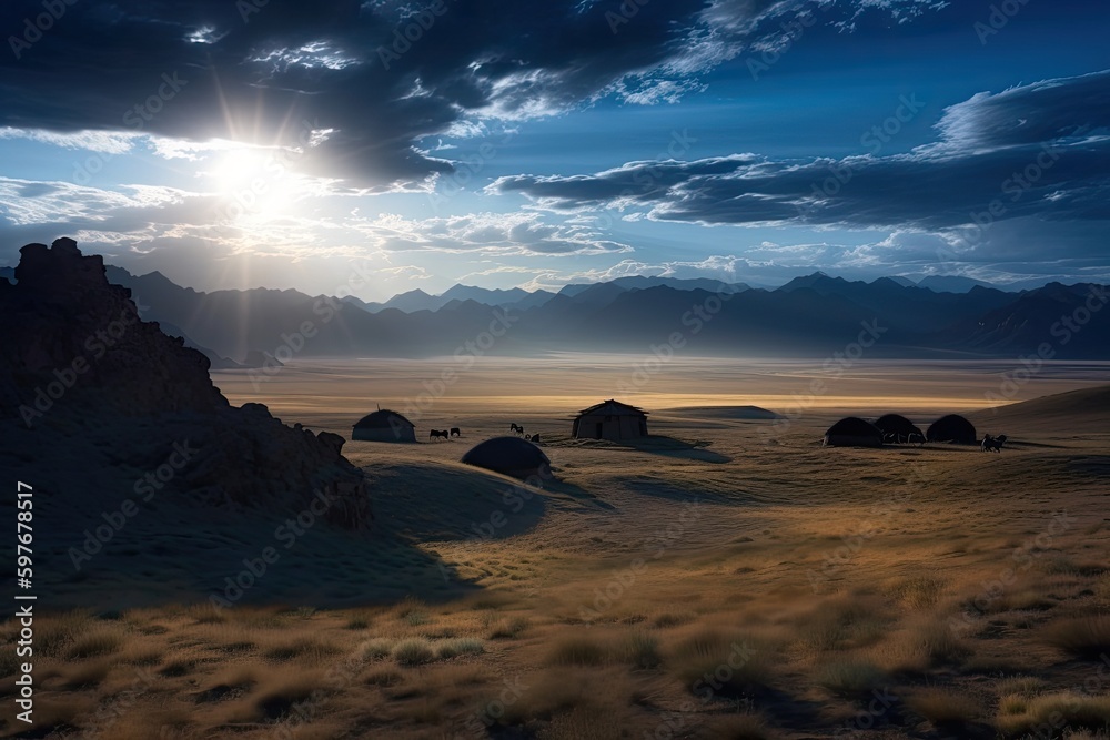 Monoglia Yurt Gert in Mongolian Valley, Stunning Scenic Sunrise ...