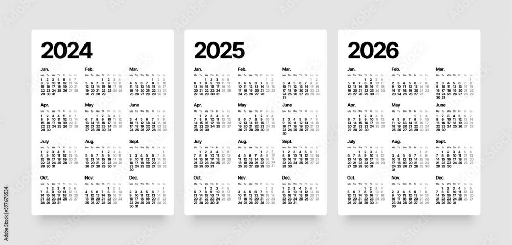 Annual calendar template for 2024, 2025, 2026 years. Week Starts on ...
