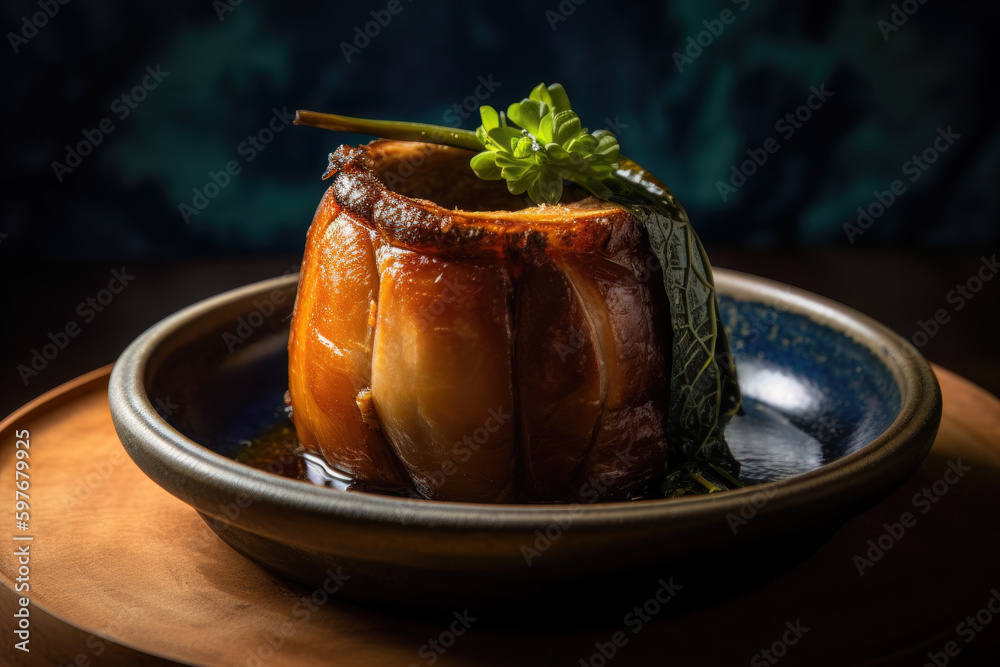 AI generated appetizing lechon spit-roasted pig in a dark green bowl ...