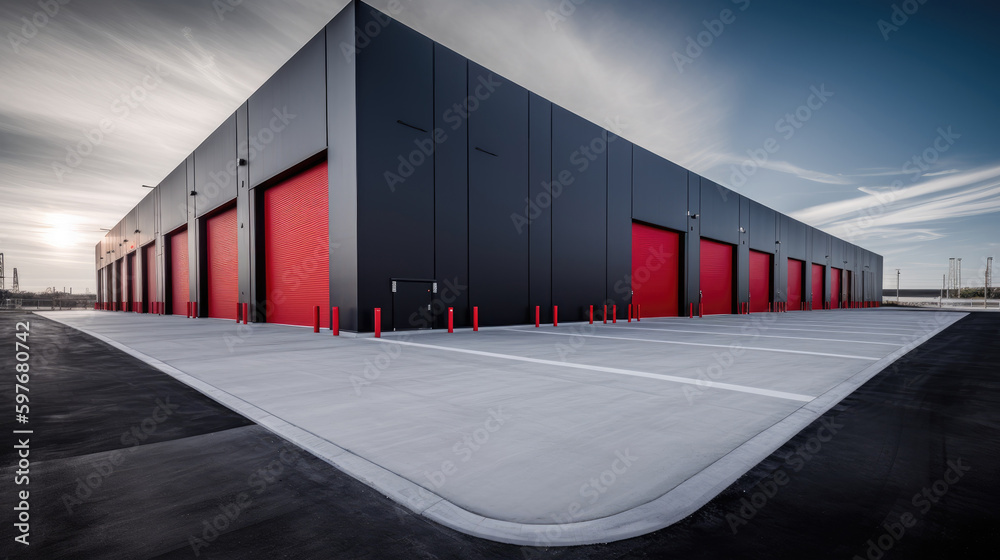 Modern black and red warehouse building with loading dock doors ...
