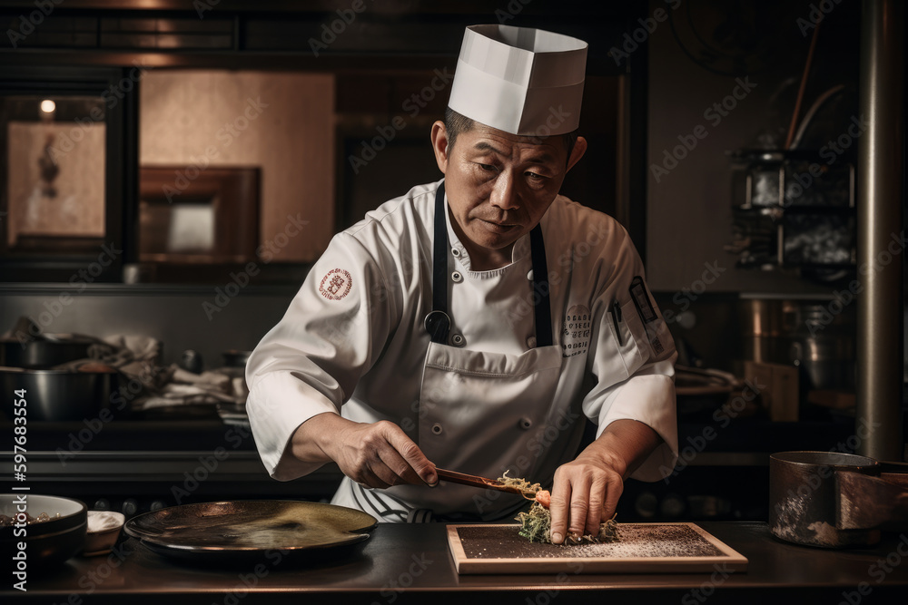 Young Japanese chef make a sushi, Japanesse food. AI Generated. Stock ...