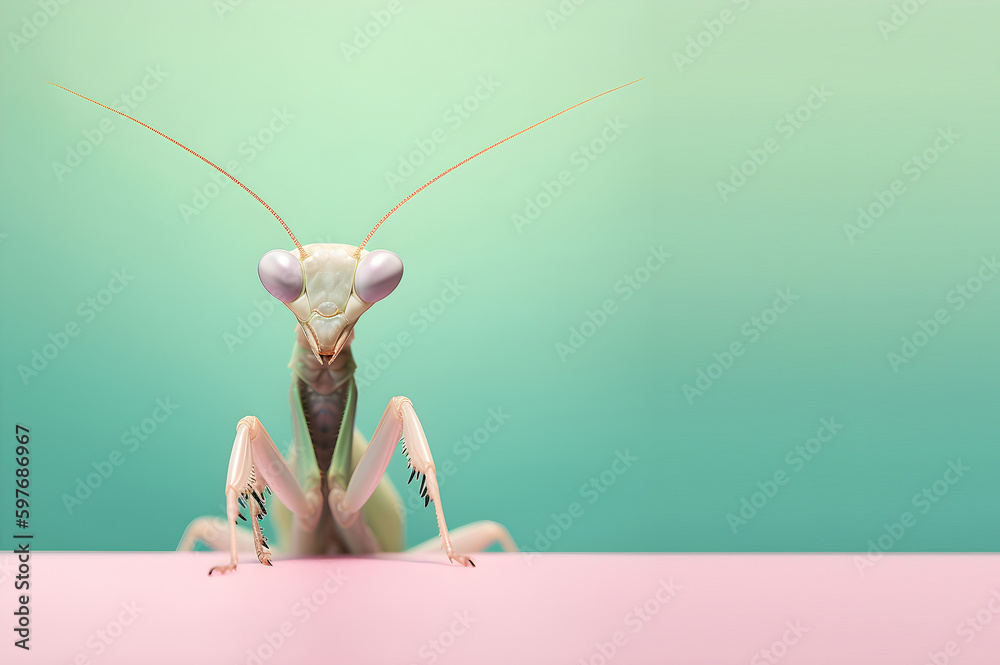 Creative animal concept. Praying mantis insect peeking over pastel ...