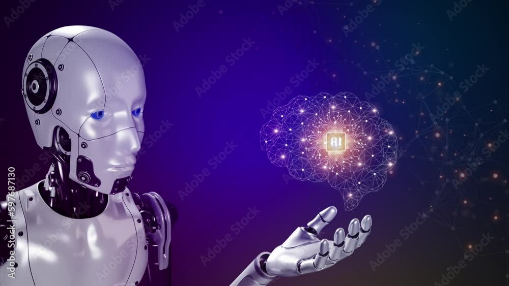 Robot touching brain with AI icon provide access information. Artificial intelligence digital ...