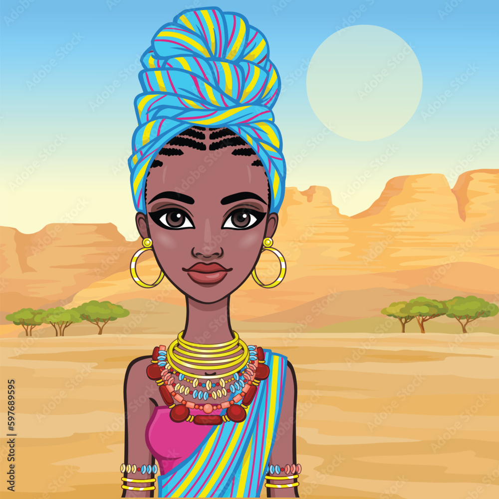 Beautiful animation African princess in a turban and ancient clothes ...