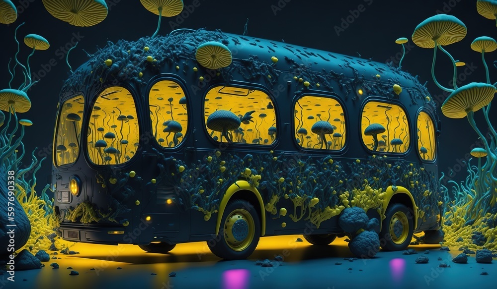 Bus in the night surrounded by mushrooms. Fairy tale bus in blue color ...